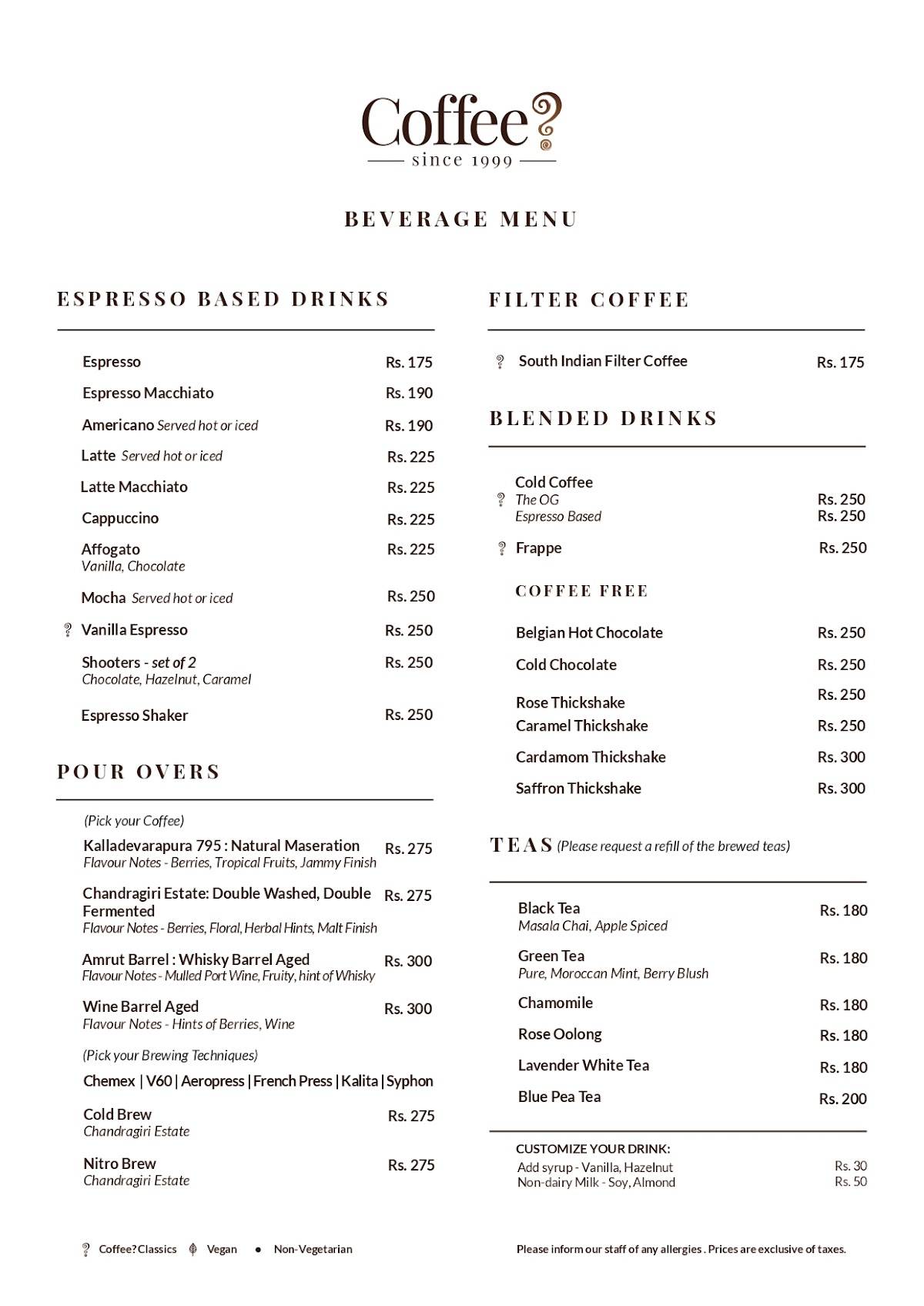 Menu at Coffee? Since 1999, Chennai