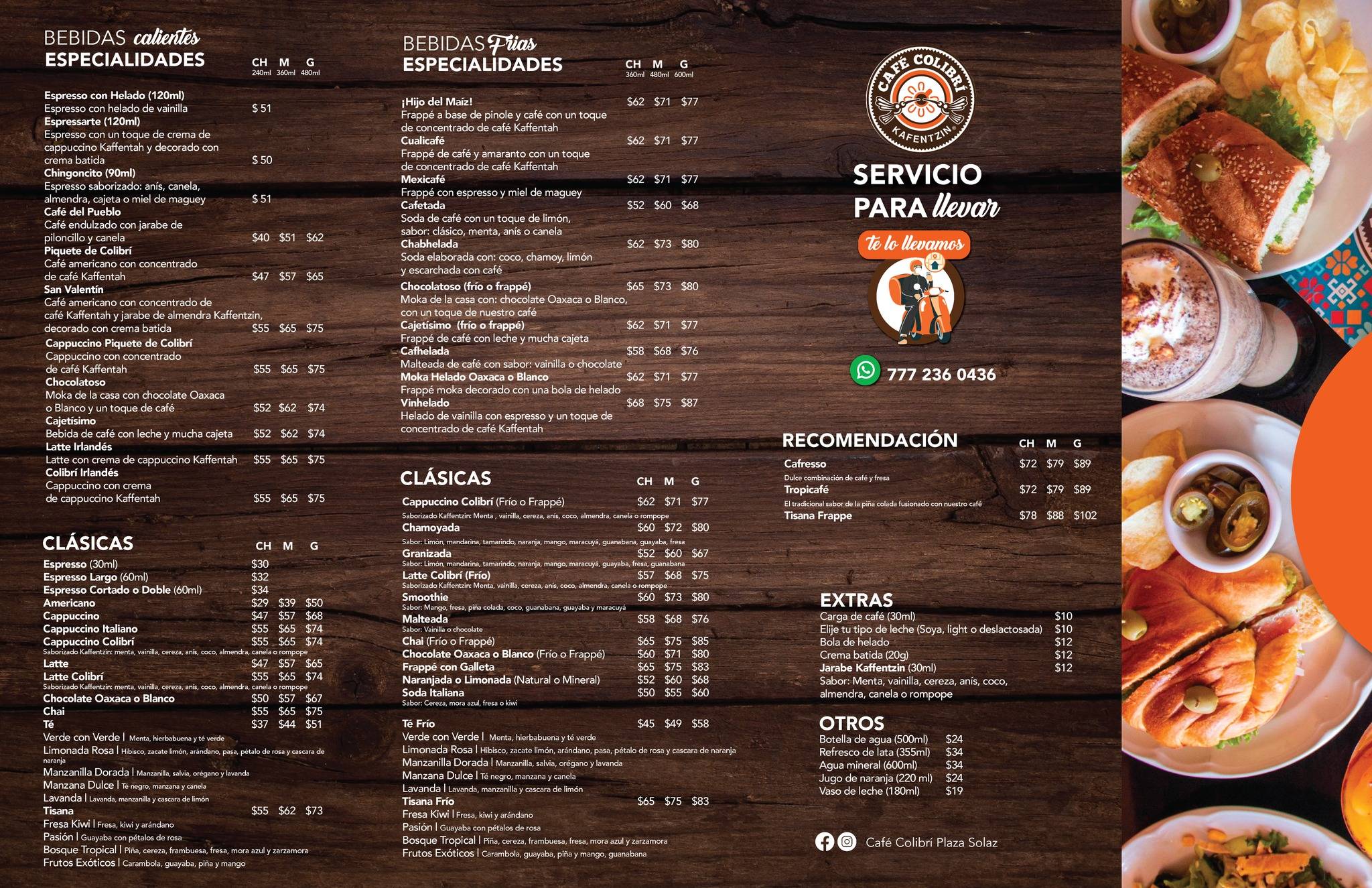 Carta de Cafe Colibri Plaza Solaz, Temixco