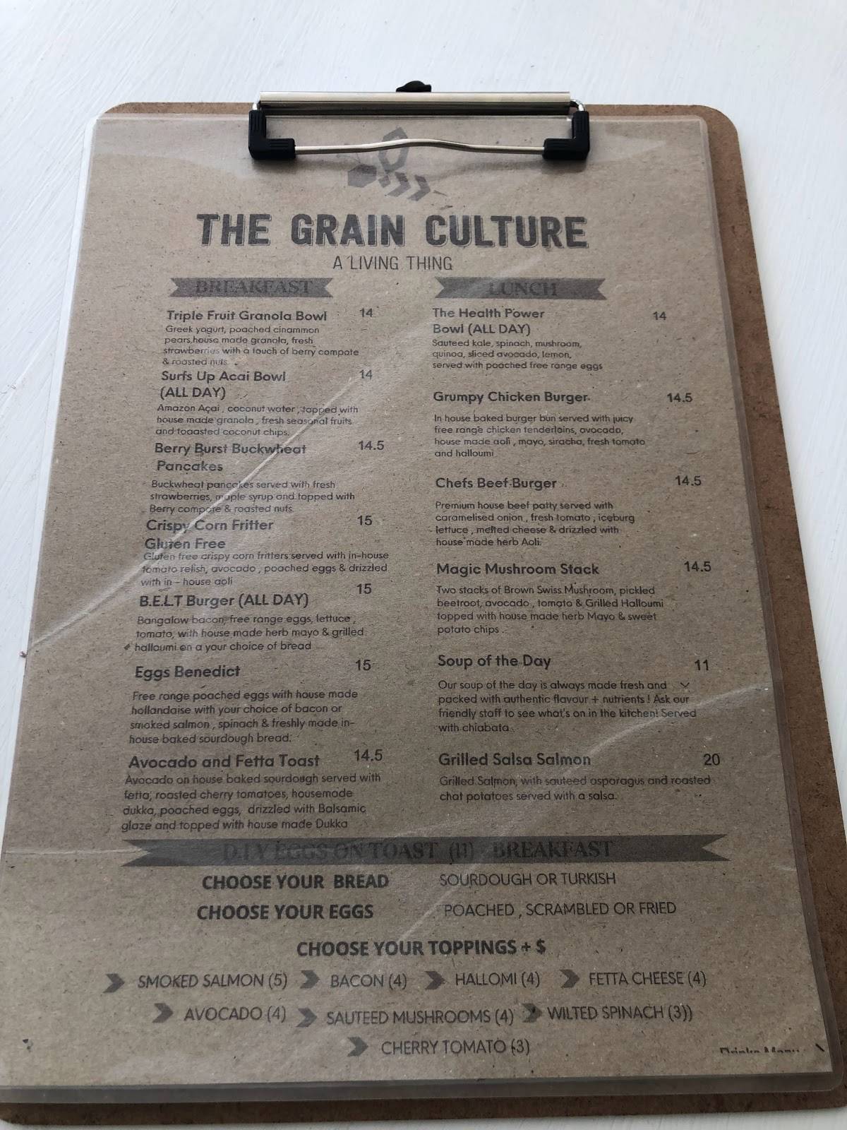 Menu at Cooly food culture cafe, Coolangatta