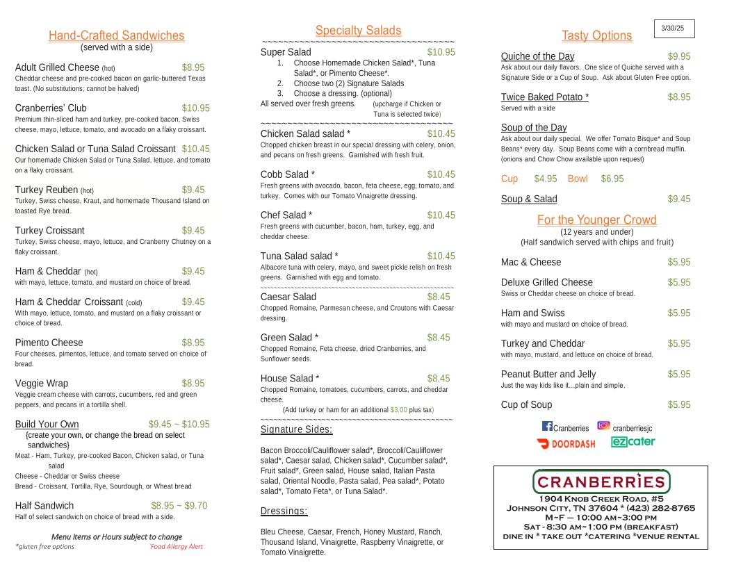 Menu at Cranberries cafe, Johnson City, Knob Creek Rd #5