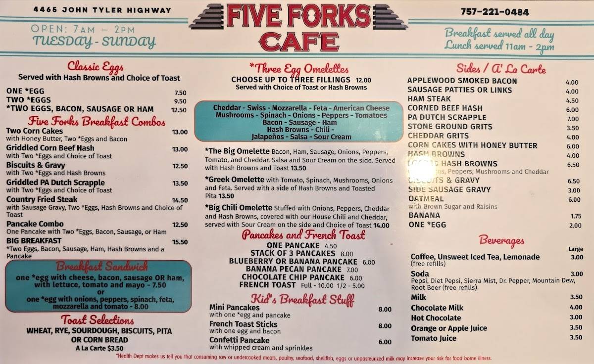 Menu at Five Forks Cafe, Williamsburg, John Tyler Hwy