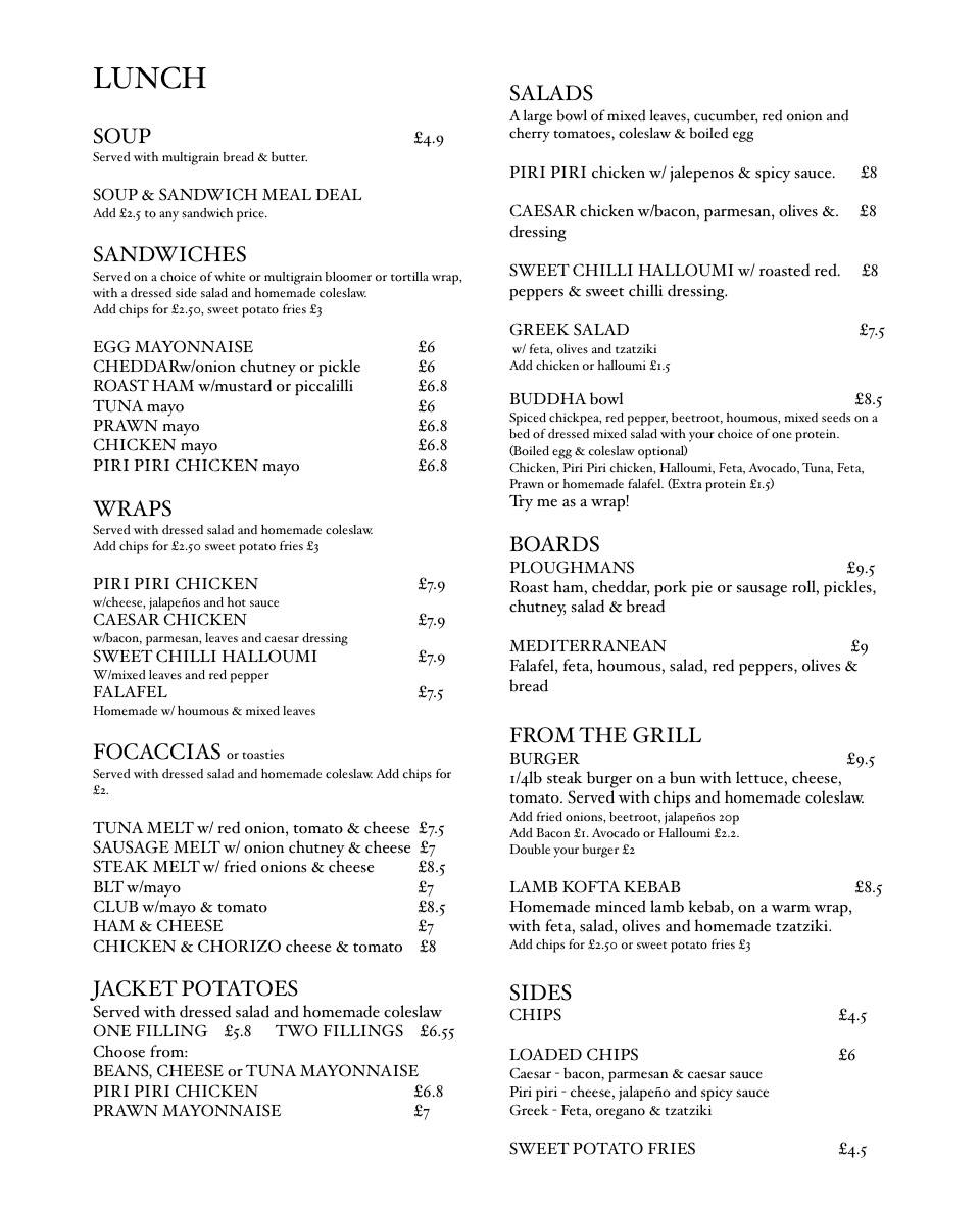 Menu at Humble Pie cafe, Barnoldswick