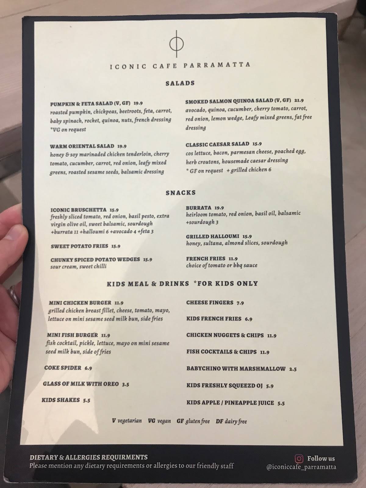 Menu at Iconic Cafe, Parramatta, Westfield Parramatta