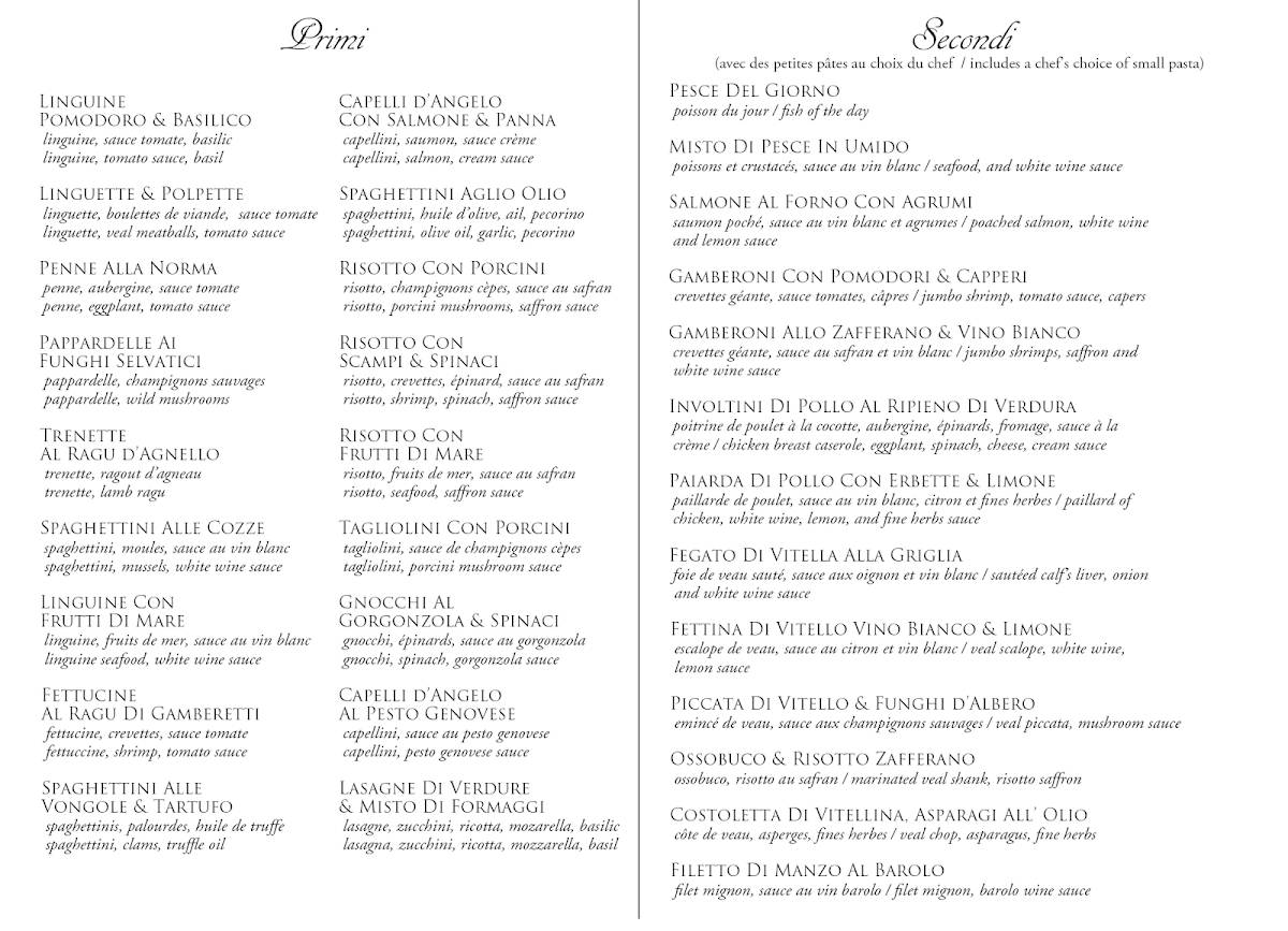 Menu at Café Il Cortile, Montréal