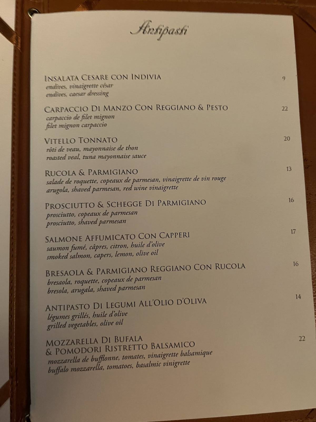 Menu at Café Il Cortile, Montréal