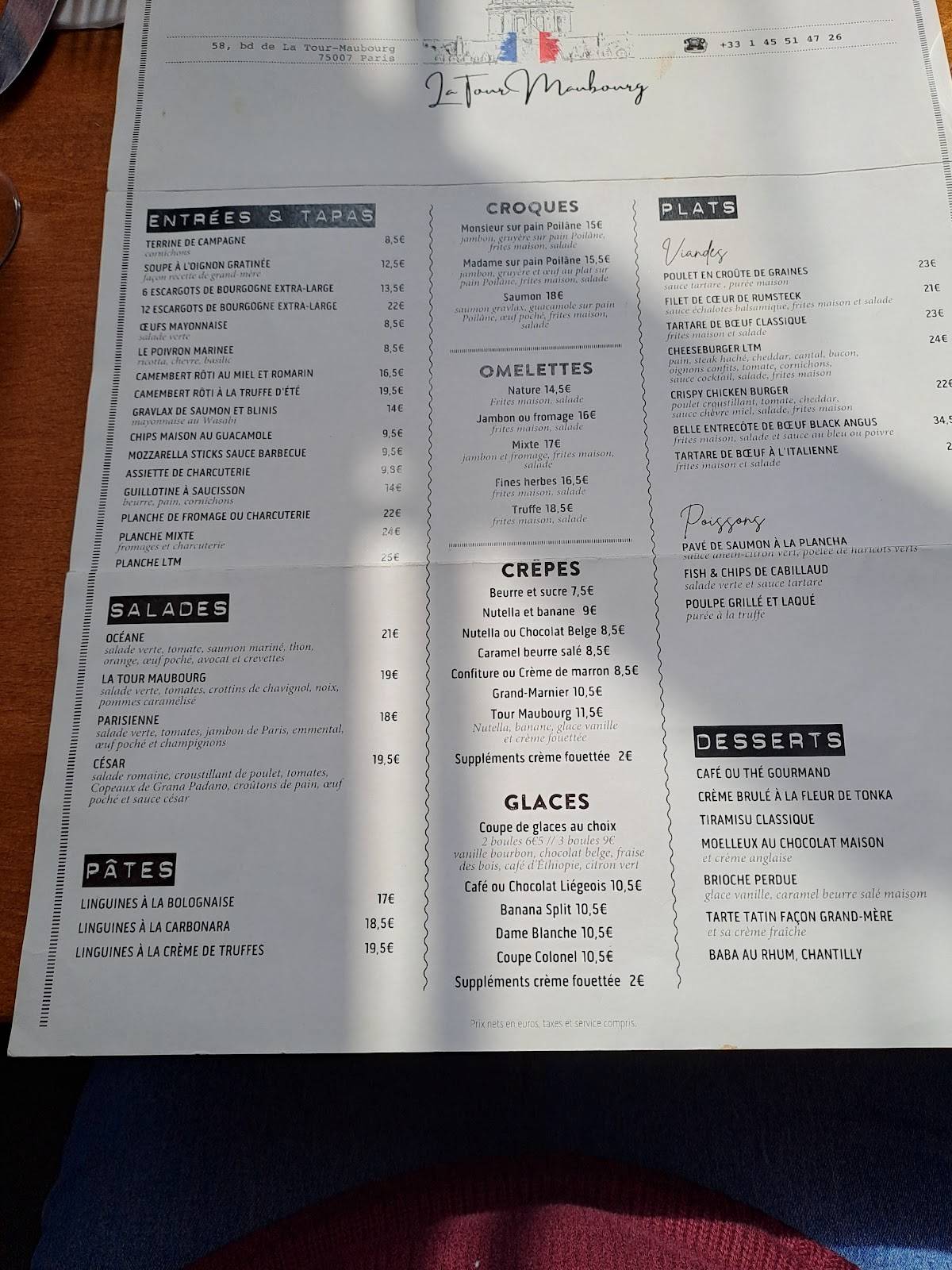 Menu au Café La Tour Maubourg, Paris, 58 Bd de la Tour-Maubourg