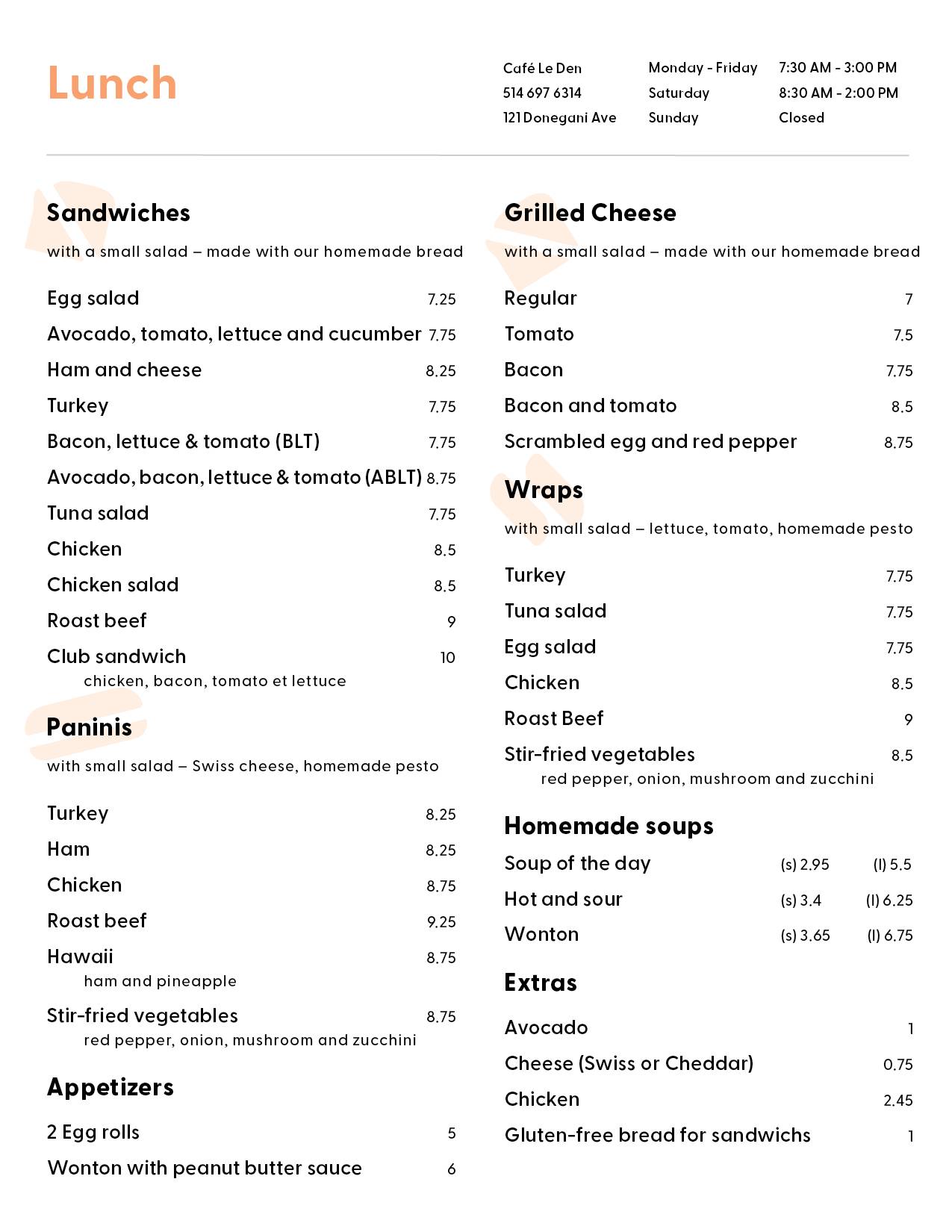 Menu at Cafe Le Den, Pointe-Claire