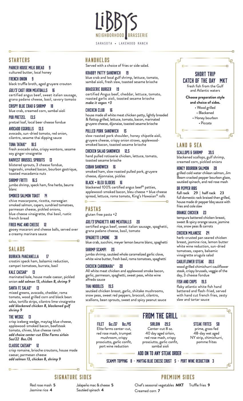 Menu at Libby's restaurant, Sarasota