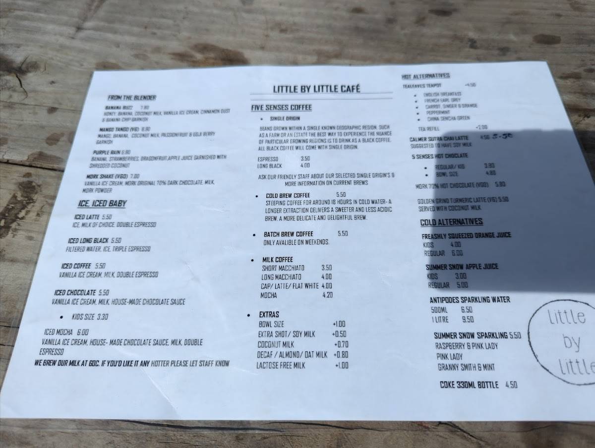Menu at Little by Little Cafe, Berwick