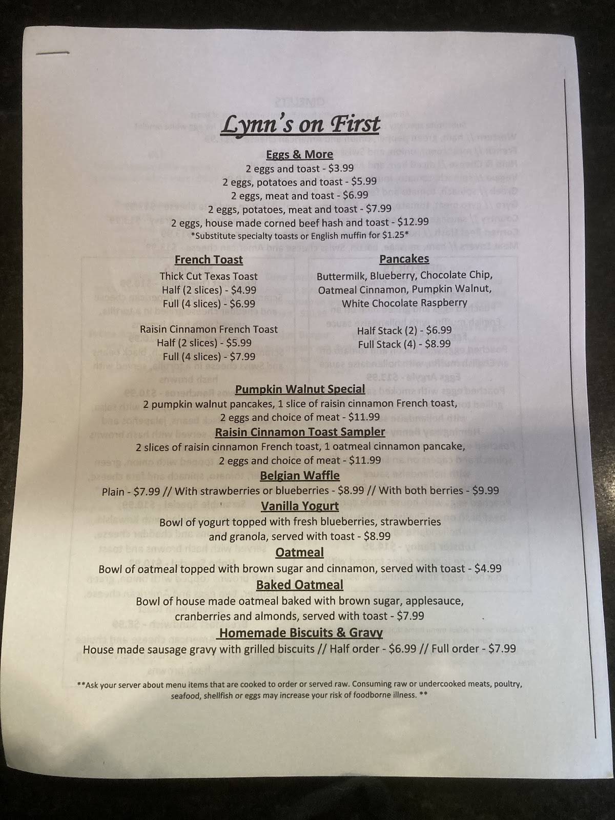 Menu at Lynn's on First cafe, Brighton