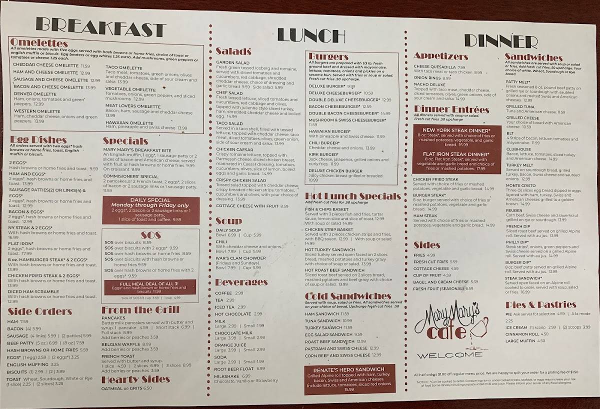Menu at Mary Mary's Cafe, Spanaway