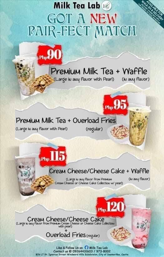 Menu at Milk tea lab cafe, Dasmariñas