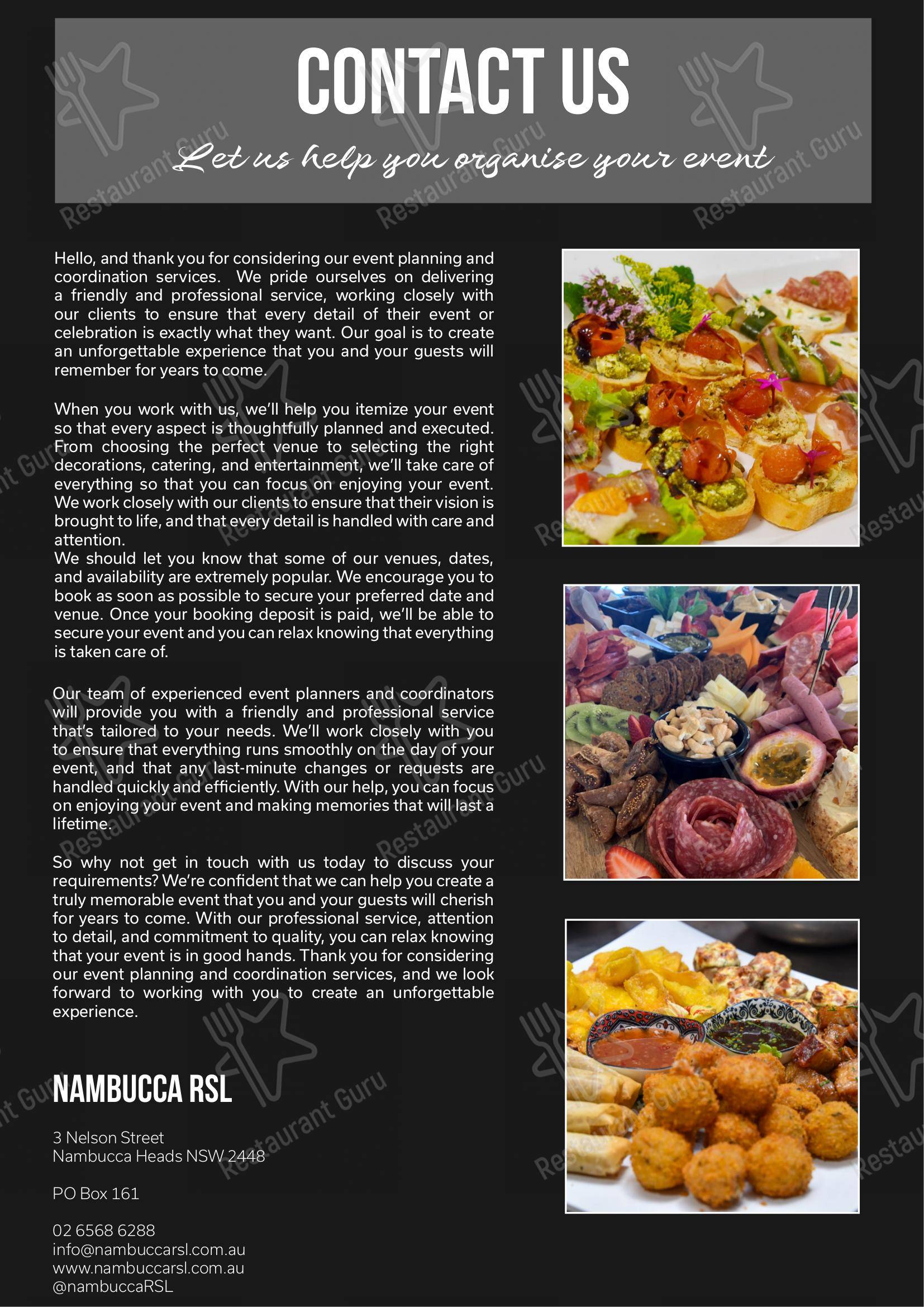 Menu at Nambucca Heads RSL Club, Nambucca Heads