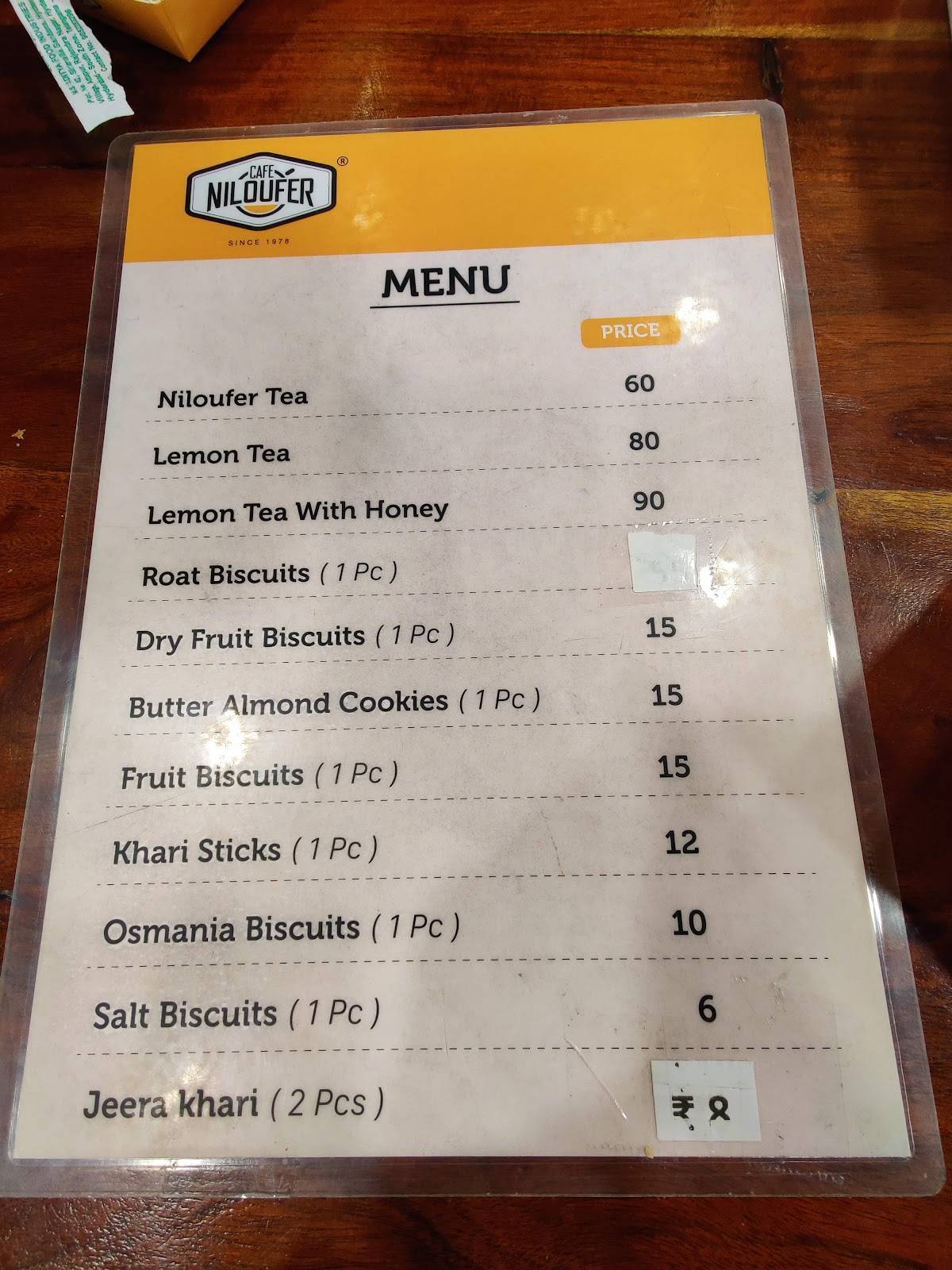 Menu at Cafe Niloufer, Hyderabad, V.P