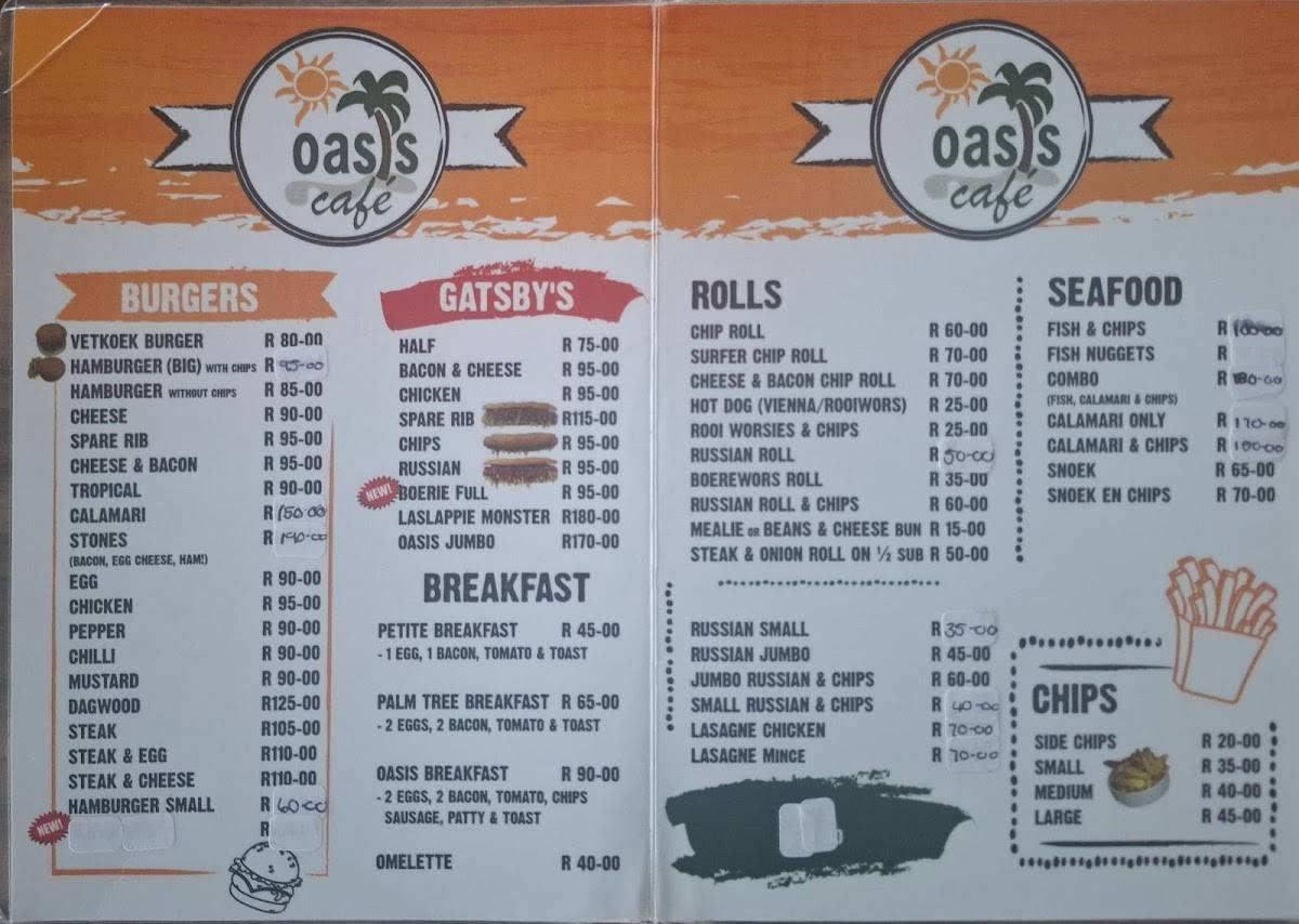 Menu at Oasis Cafe, Mossel Bay