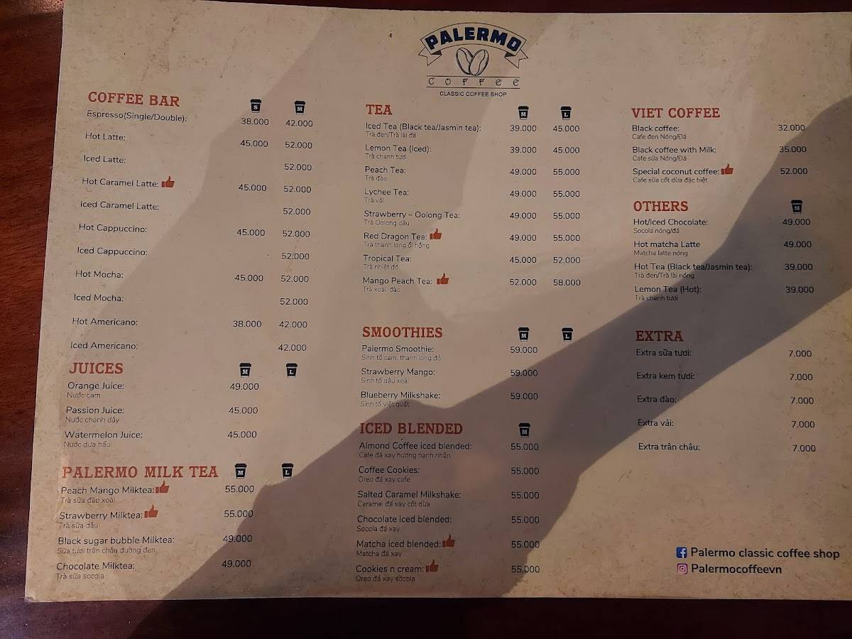 Menu at Palermo Coffee cafe, Ho Chi Minh City
