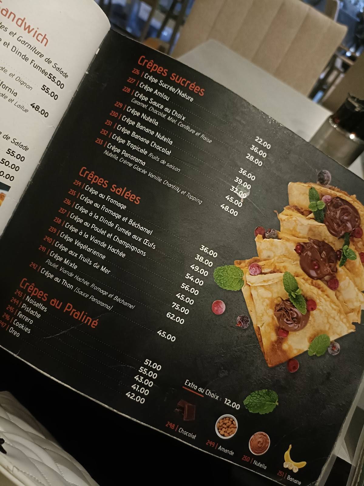 Menu at Café Panorama restaurant, Tangier
