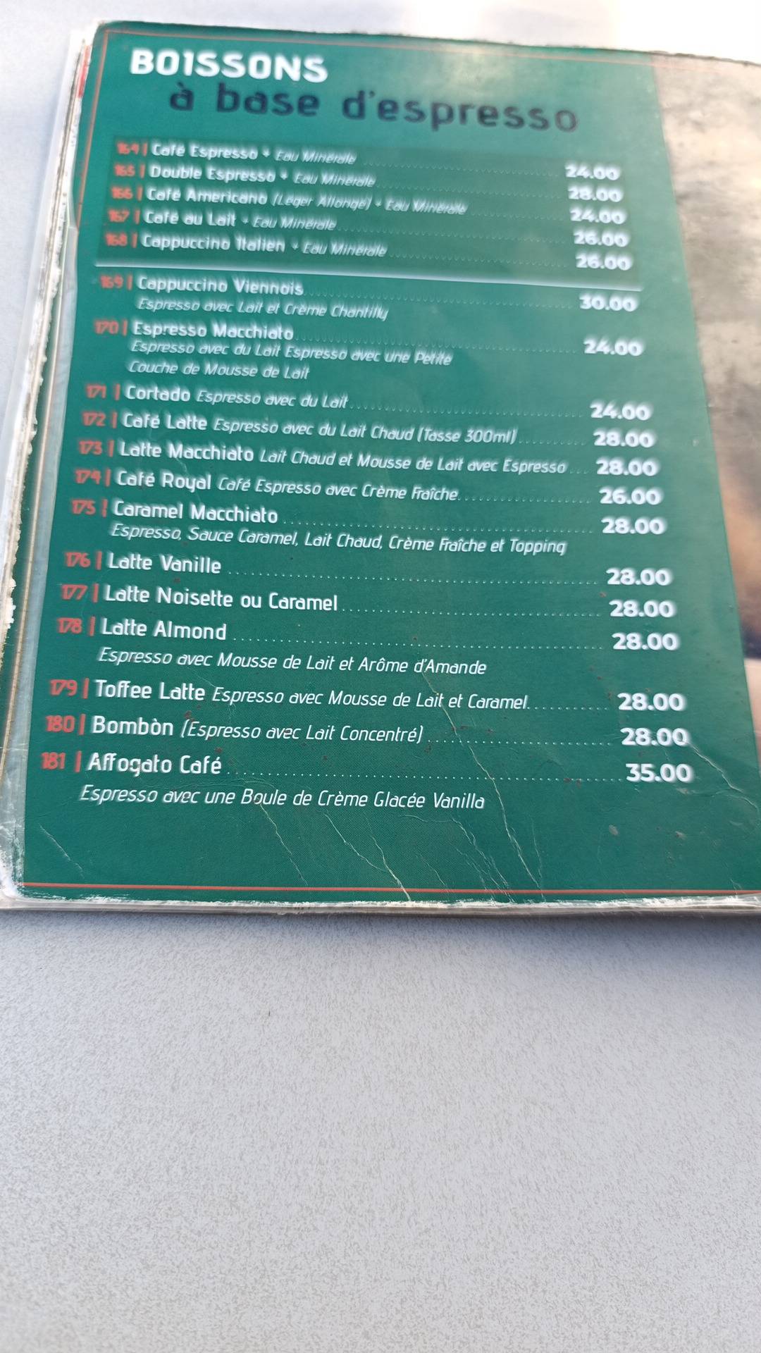 Menu at Café Panorama restaurant, Tangier