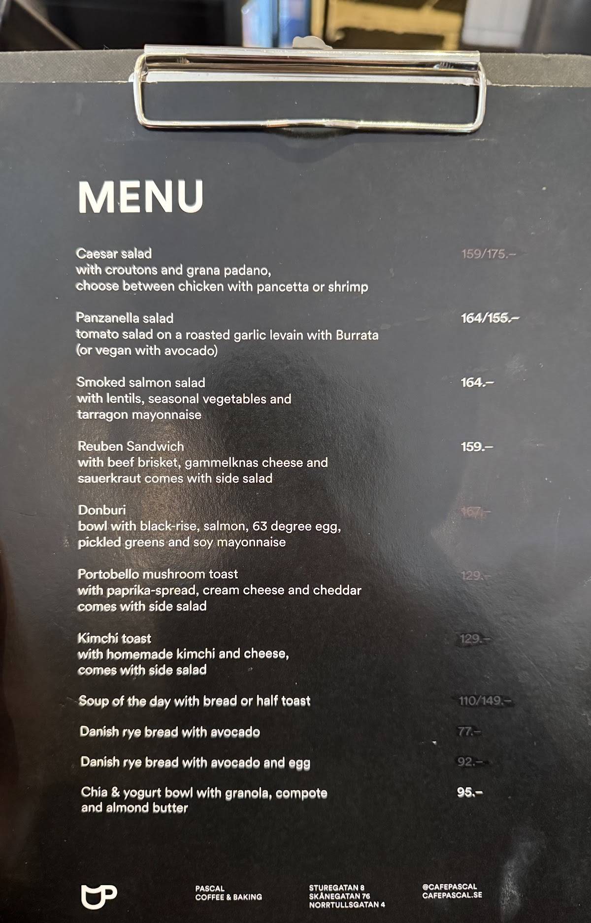Menu at Café Pascal cafe, Stockholm, Norrtullsgatan 4