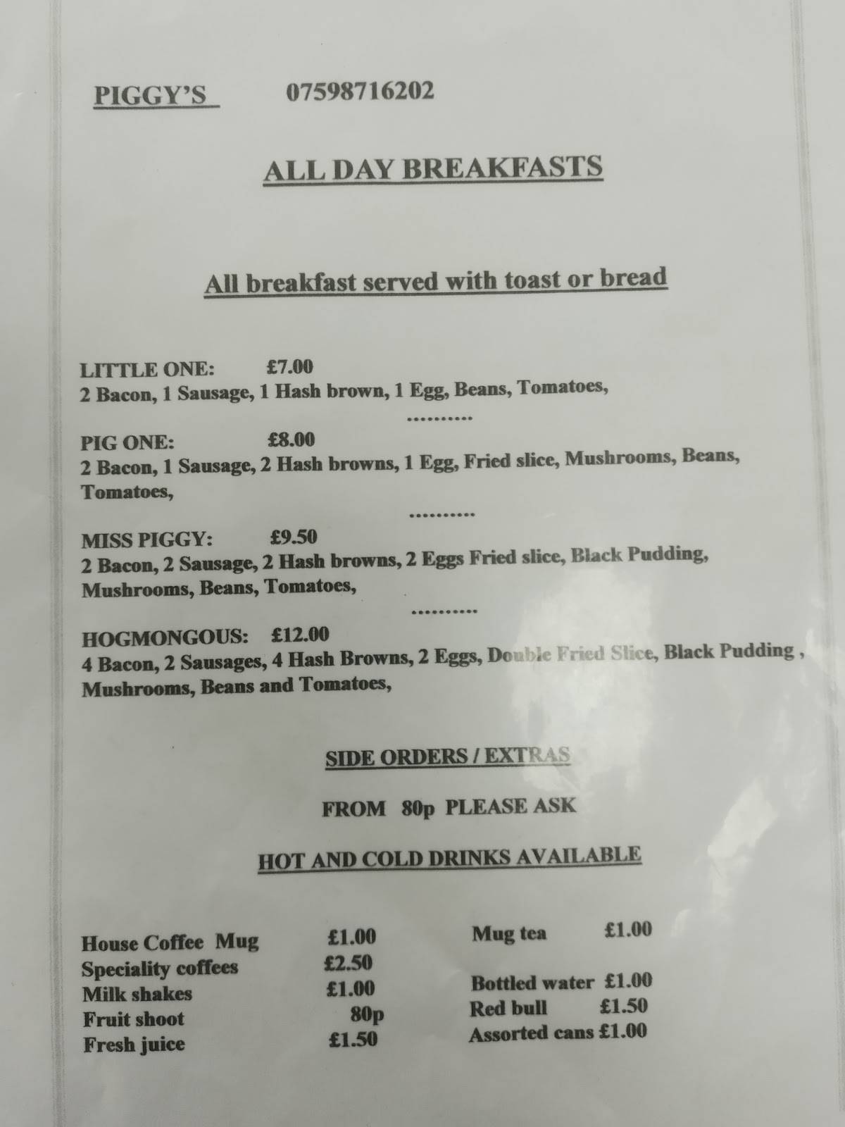 Menu at Piggy's Café cafe, Lyneham