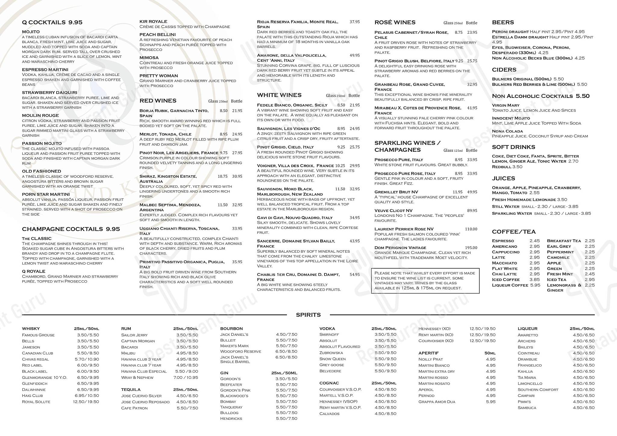 Menu at Q Cafe, Croydon