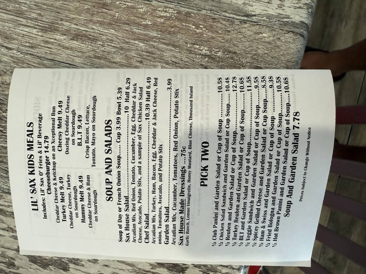 Menu at SAX GRILLE restaurant, Fort Walton Beach, 10 Eglin Pkwy SE