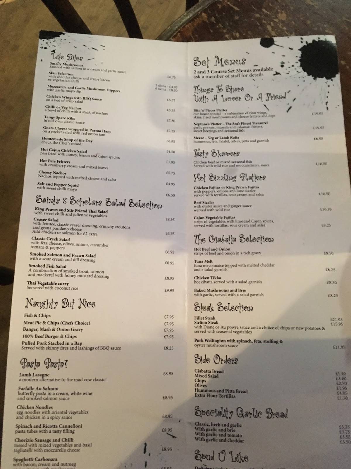 Menu at Saints & Scholars cafe, Manchester