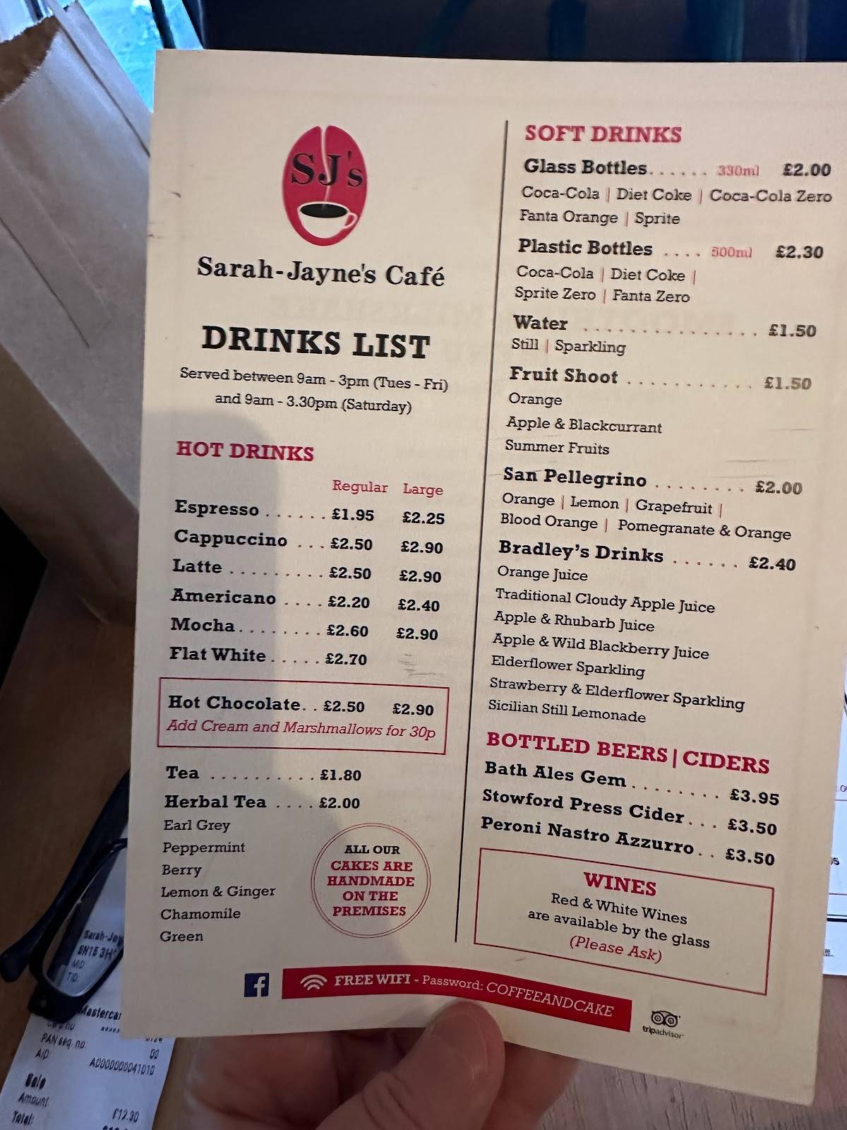 Menu at Sarah-jayne’s Cafe, Chippenham