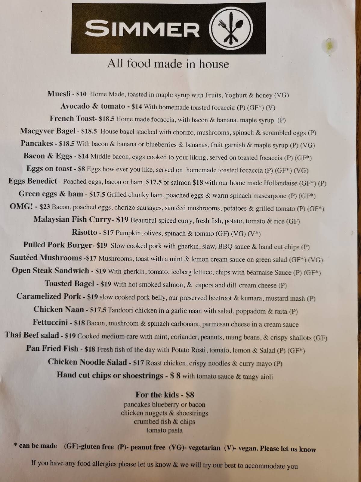 Menu at Simmer Café cafe, Wellington