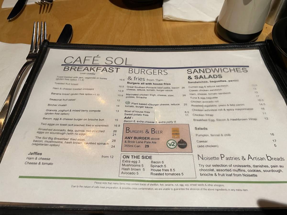 Menu at Cafe Sol, Melbourne Airport