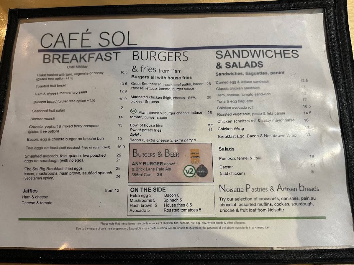 Menu at Cafe Sol, Melbourne Airport