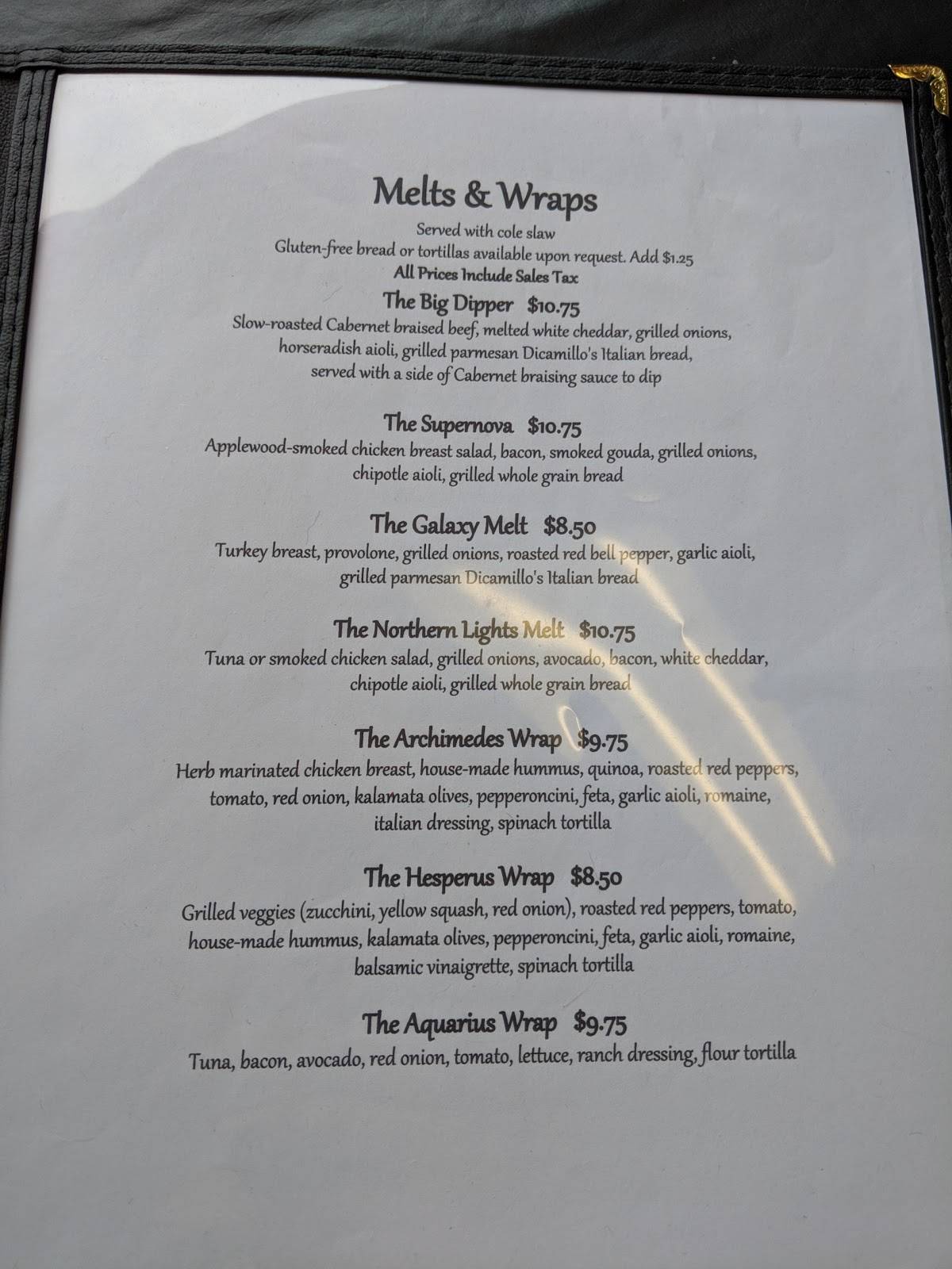 Menu at Starry Night Café cafe, Niagara Falls