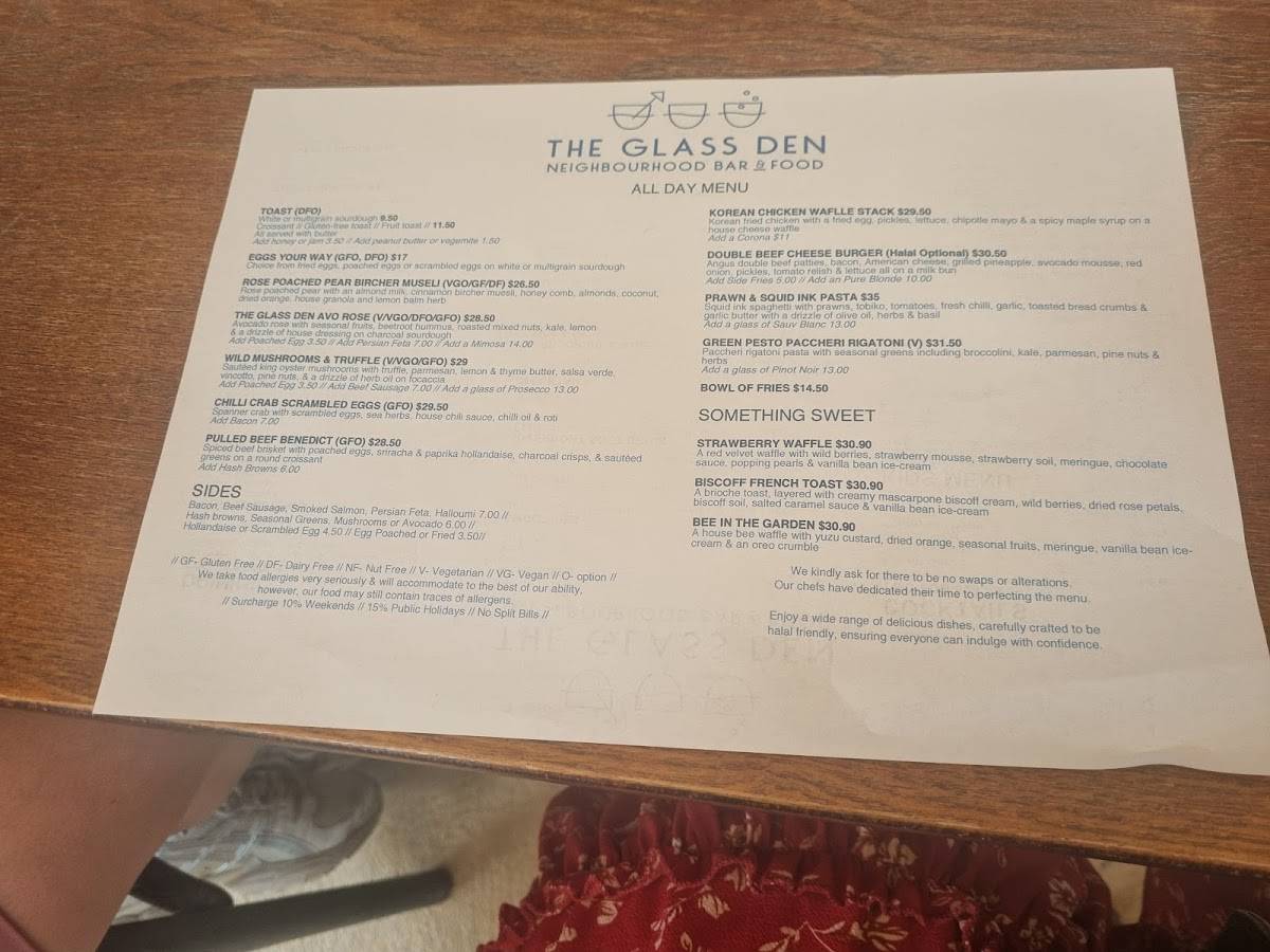Menu at The Glass Den cafe, Coburg