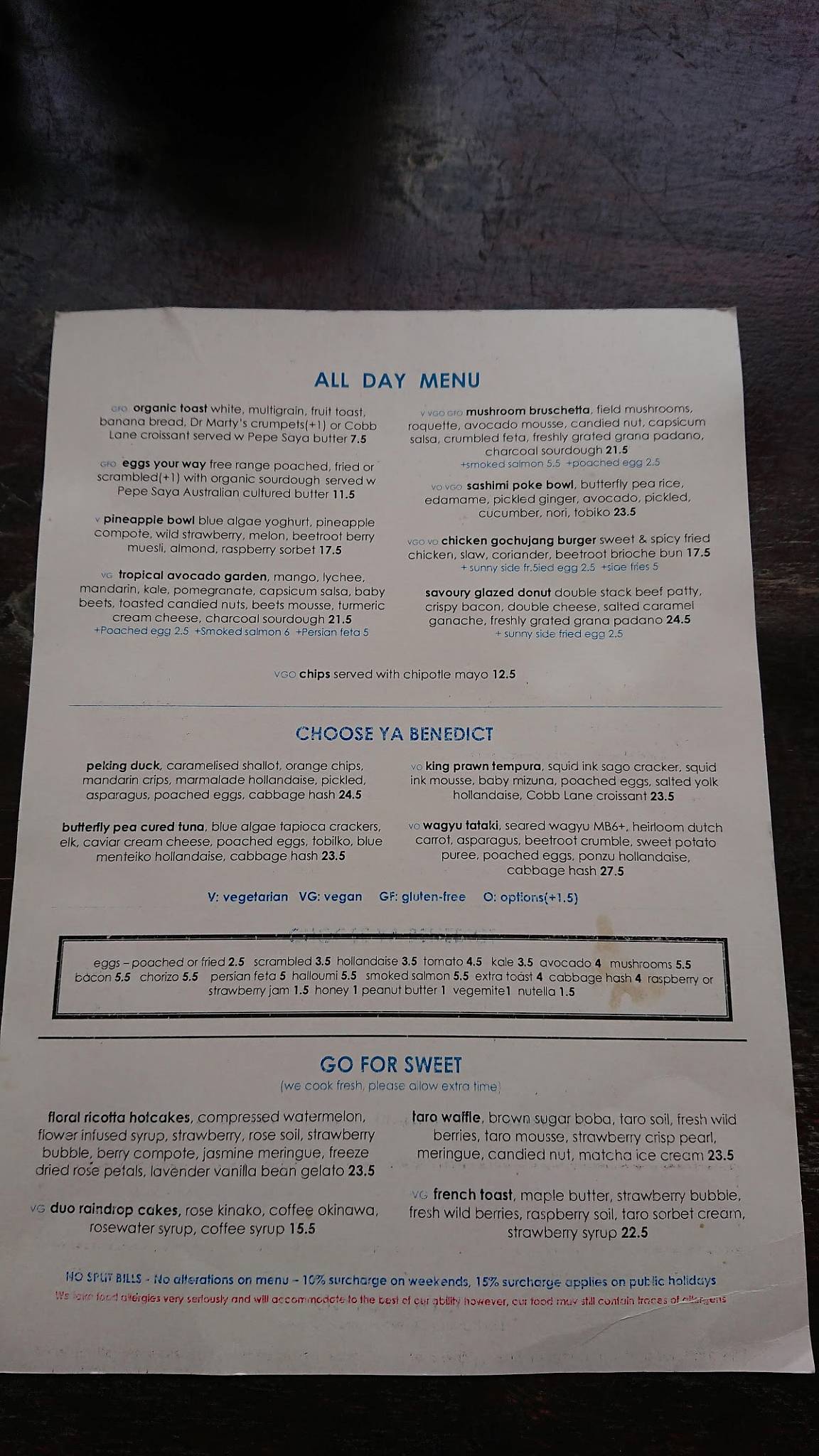 Menu at The Glass Den cafe, Coburg