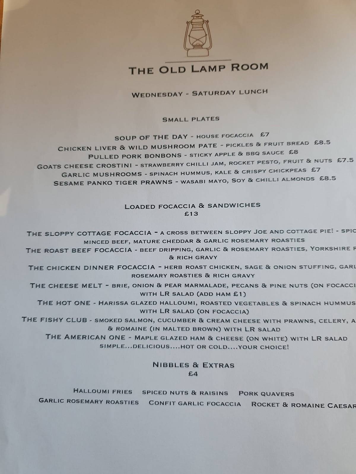 Menu at The Old Lamp Room cafe, Cottingham