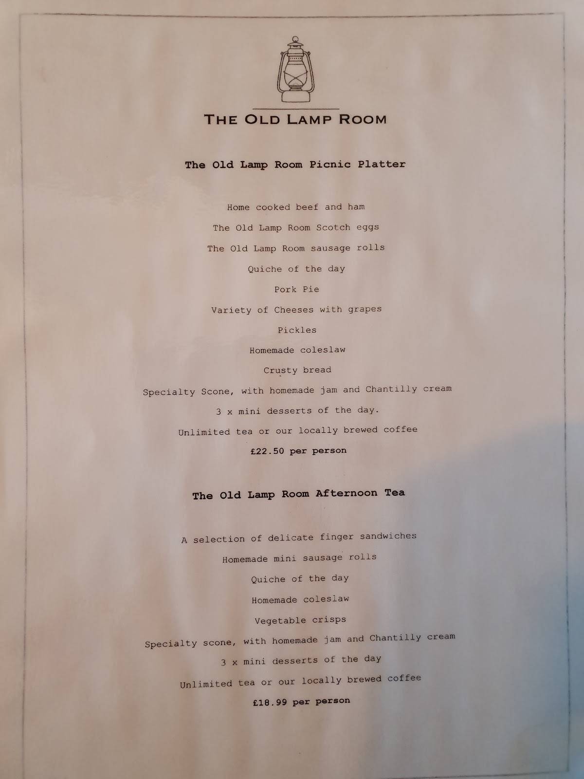 Menu at The Old Lamp Room cafe, Cottingham