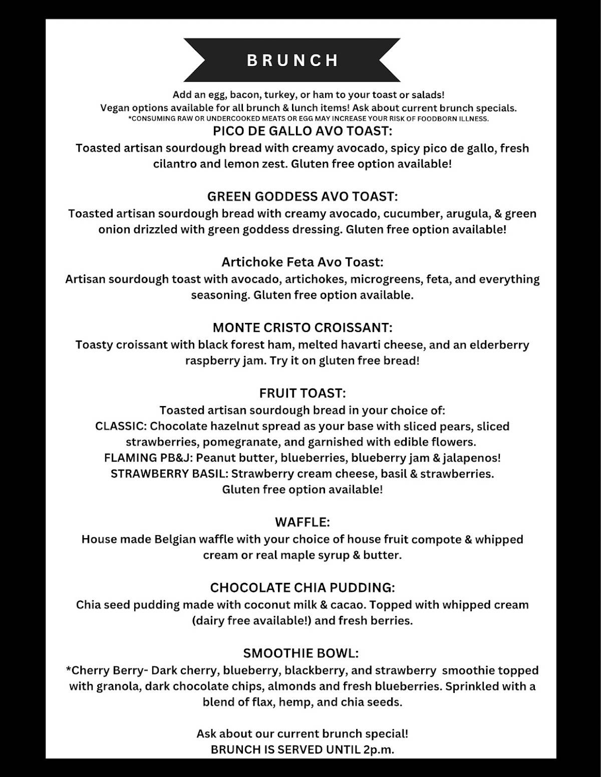 Menu at The Sacred Bean cafe, Pueblo