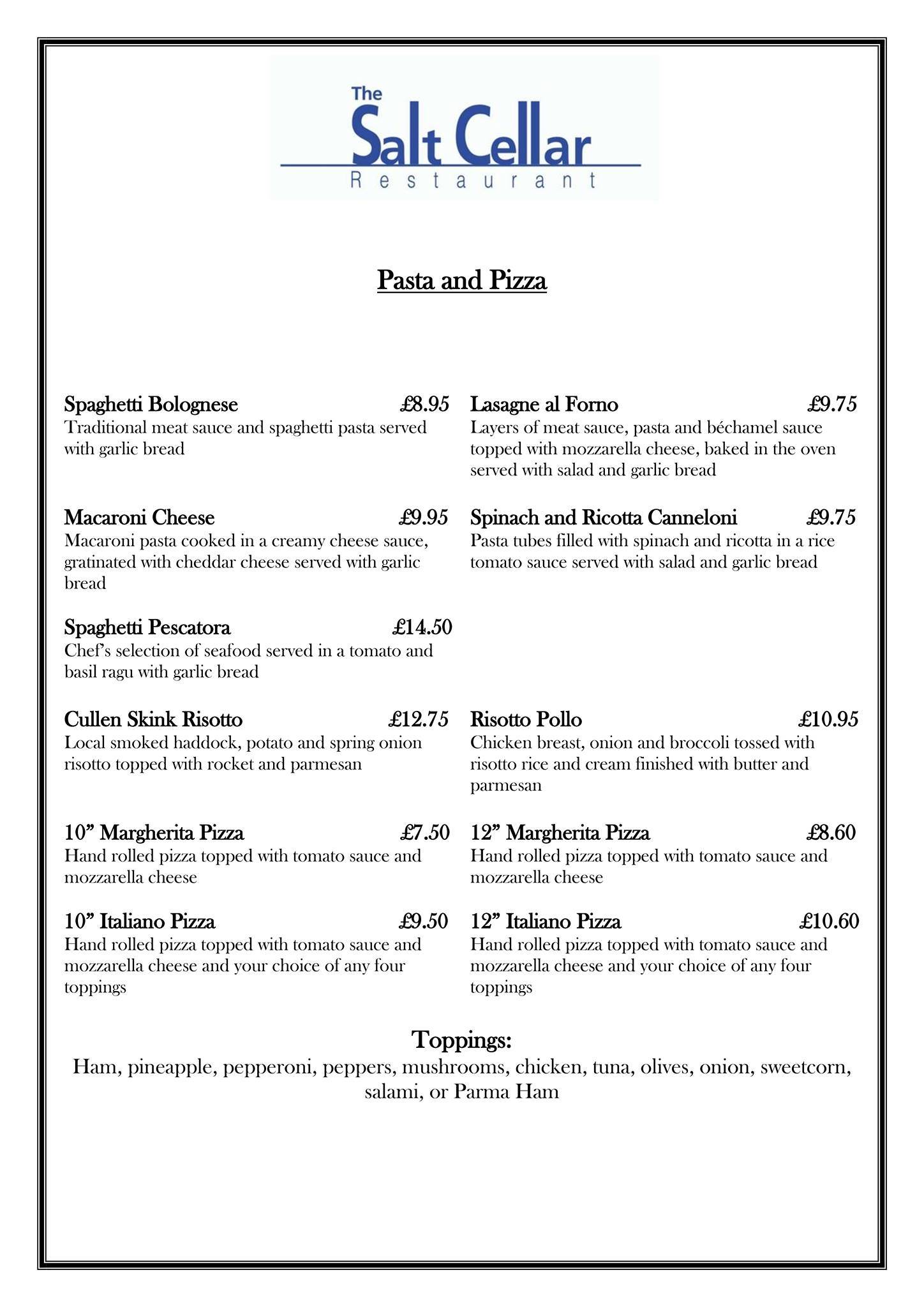 Menu at The Salt Cellar cafe, Lossiemouth