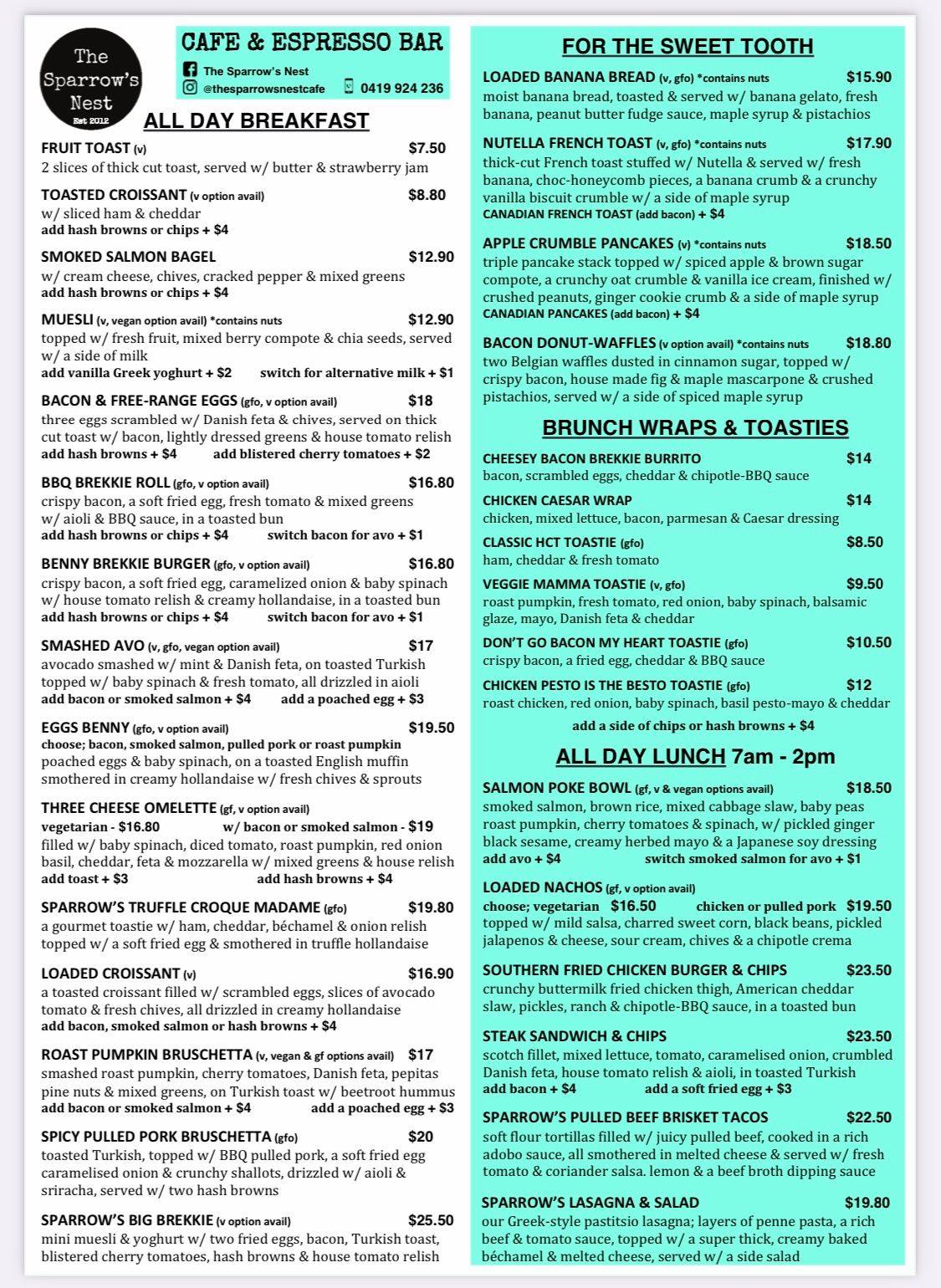 Menu at The Sparrow's Nest cafe, East Victoria Park
