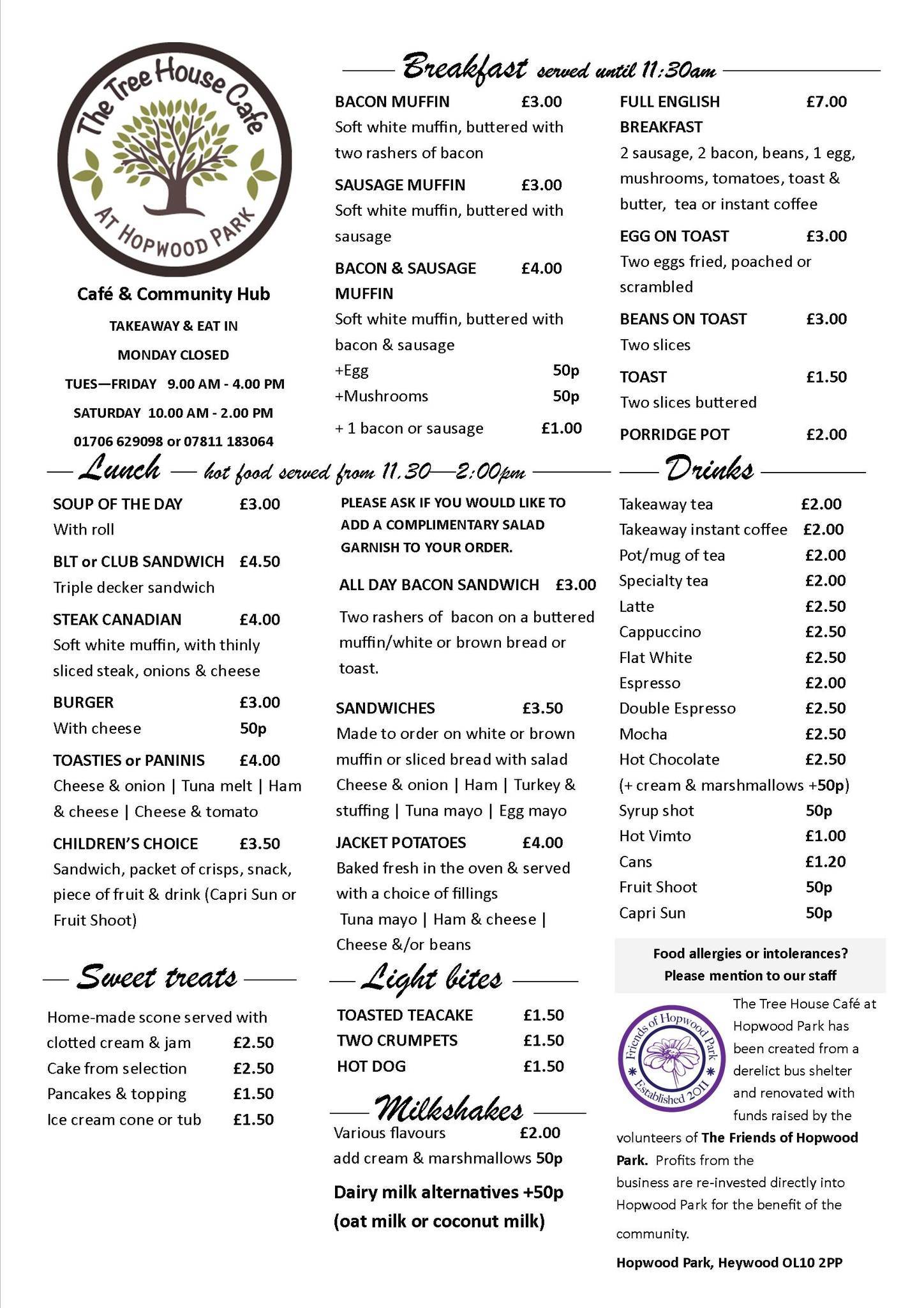 Menu at Tree House Cafe, Heywood