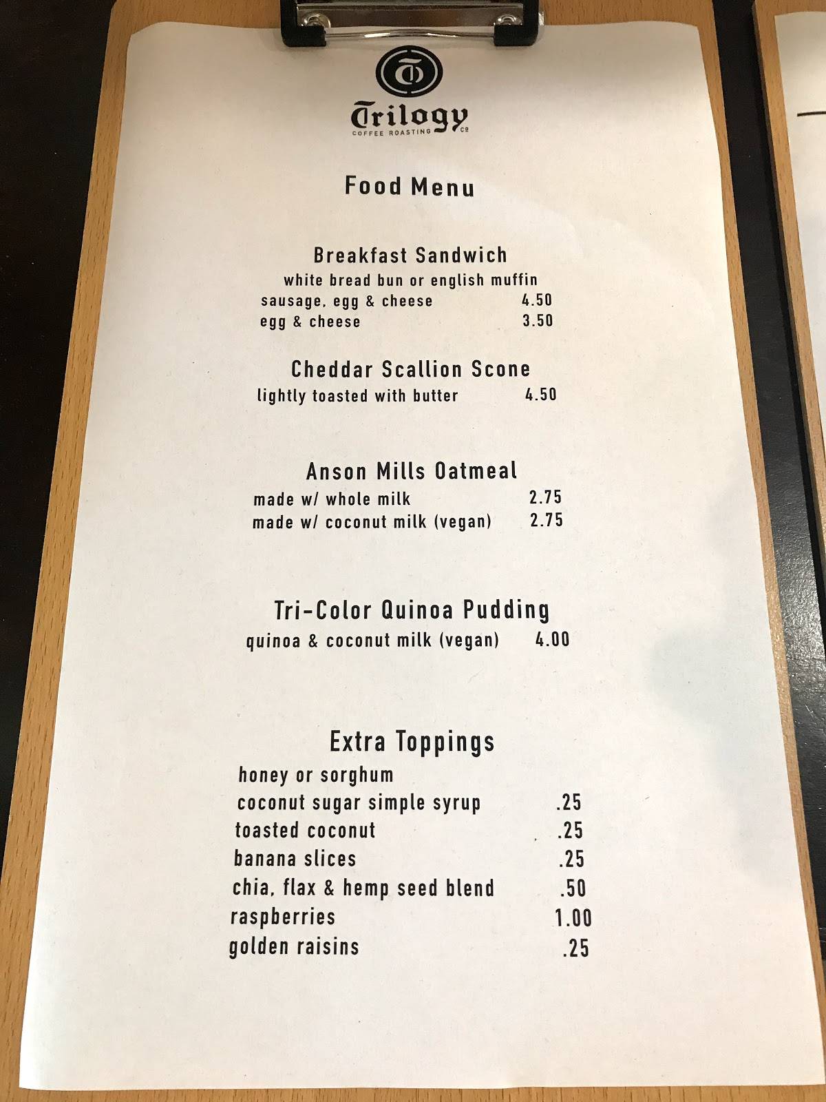 Menu at Trilogy Coffee Roasting Co cafe, DeLand
