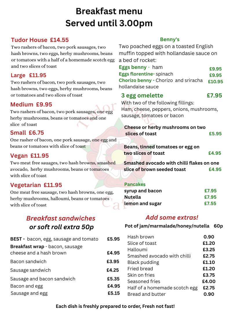 Menu at Tudor house cafe, Tamworth