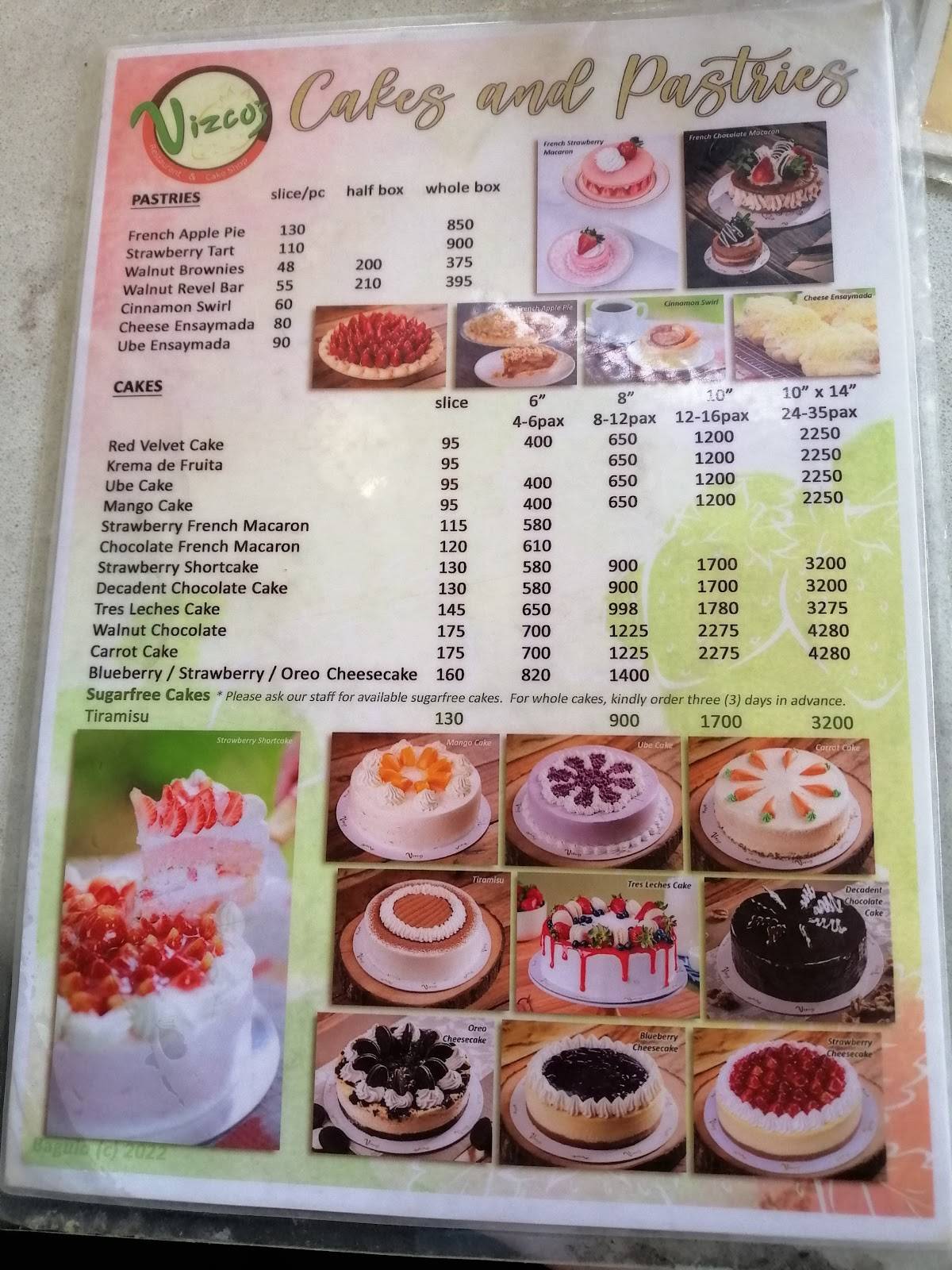 Menu at Vizco's Restaurant & Cake Shop, Baguio