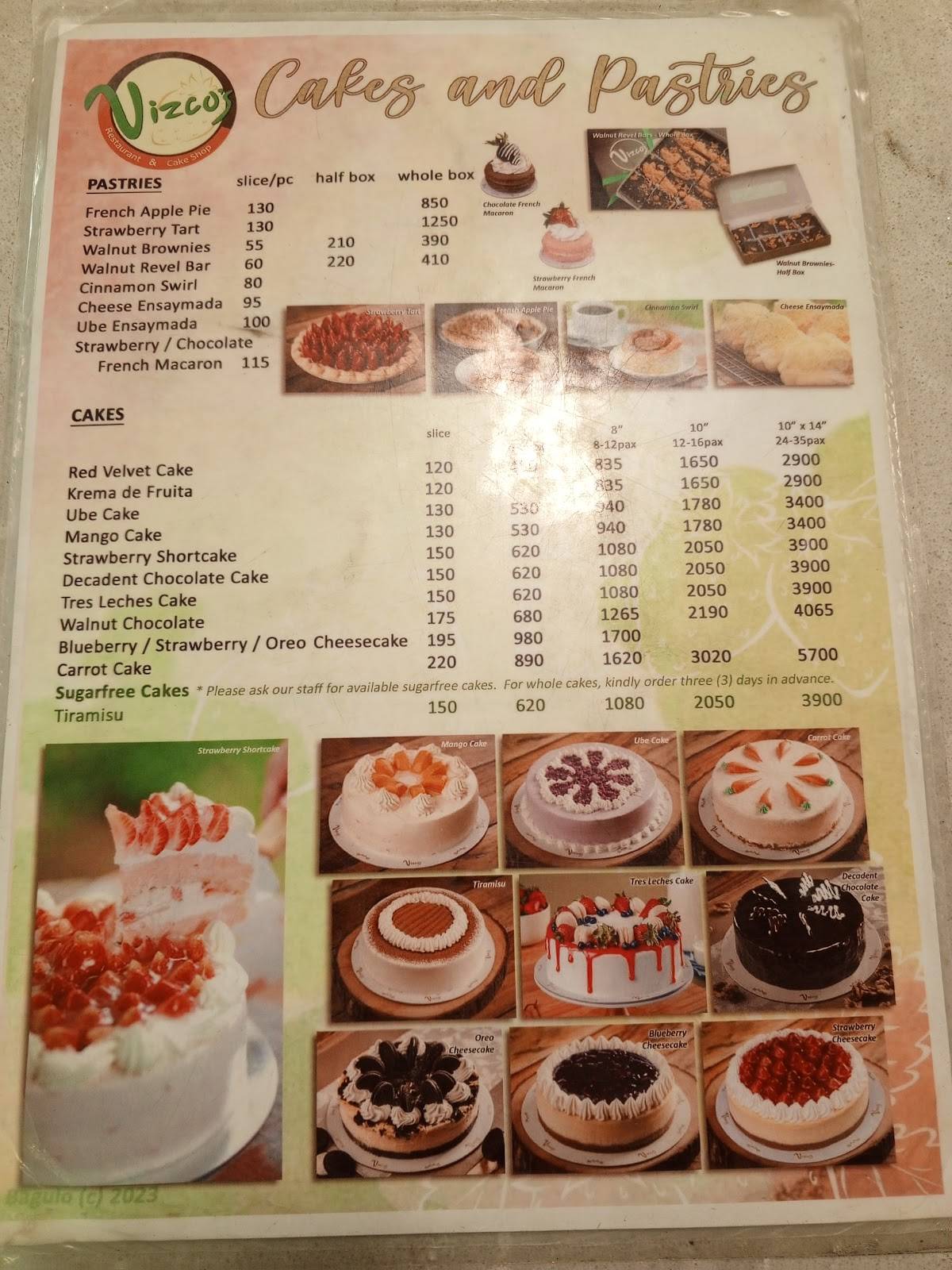 Menu at Vizco's Restaurant & Cake Shop, Baguio