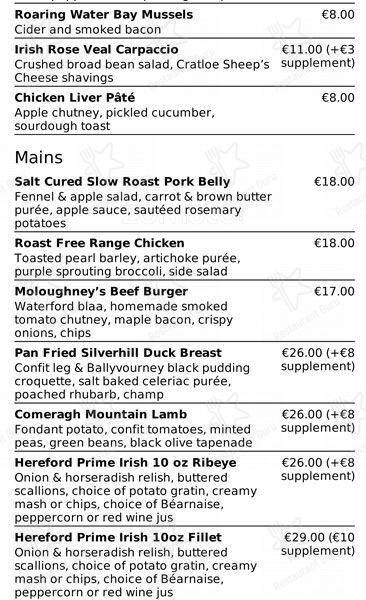 Menu at Woodstock cafe, Dublin