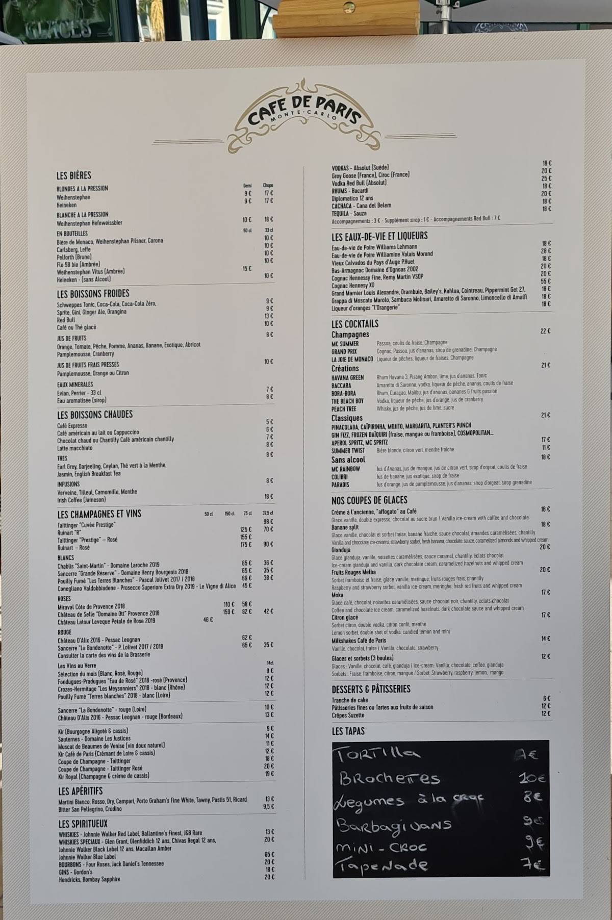 Menu au Café de Paris Monte-Carlo, Monaco