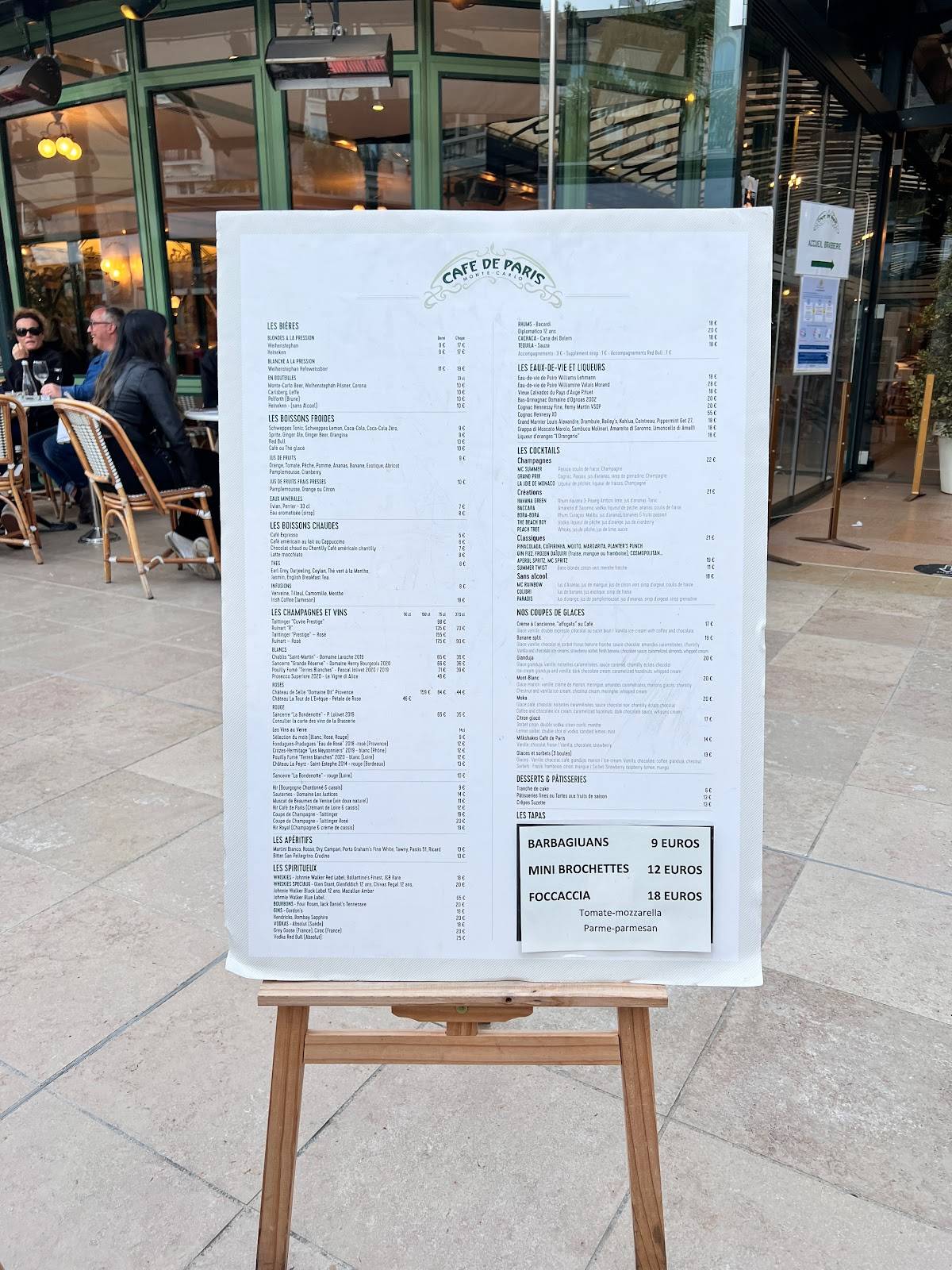 Menu au Café de Paris Monte-Carlo, Monaco