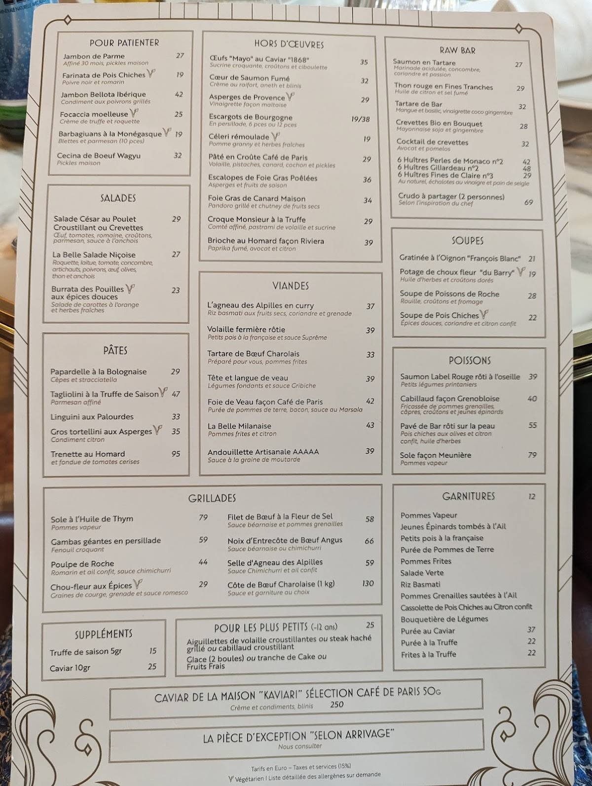 Menu au Café De Paris, Monaco