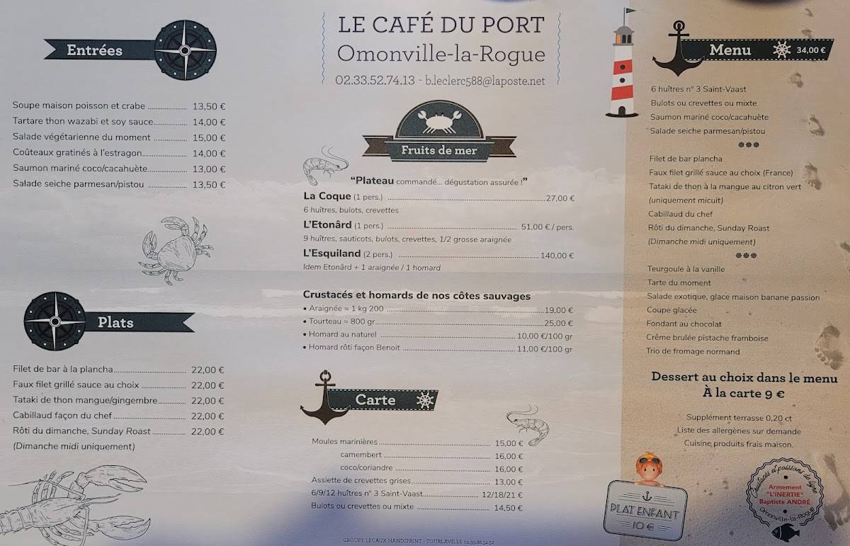 Menu at Café du port, Omonville-la-Rogue, 55 Le Hable