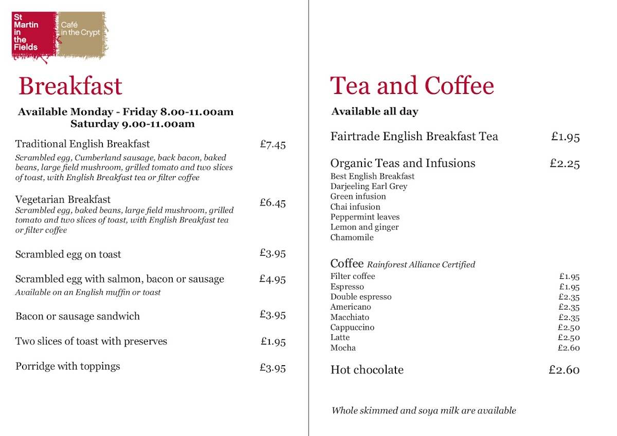 Menu at Café in the Crypt cafe, London, Trafalgar Sq